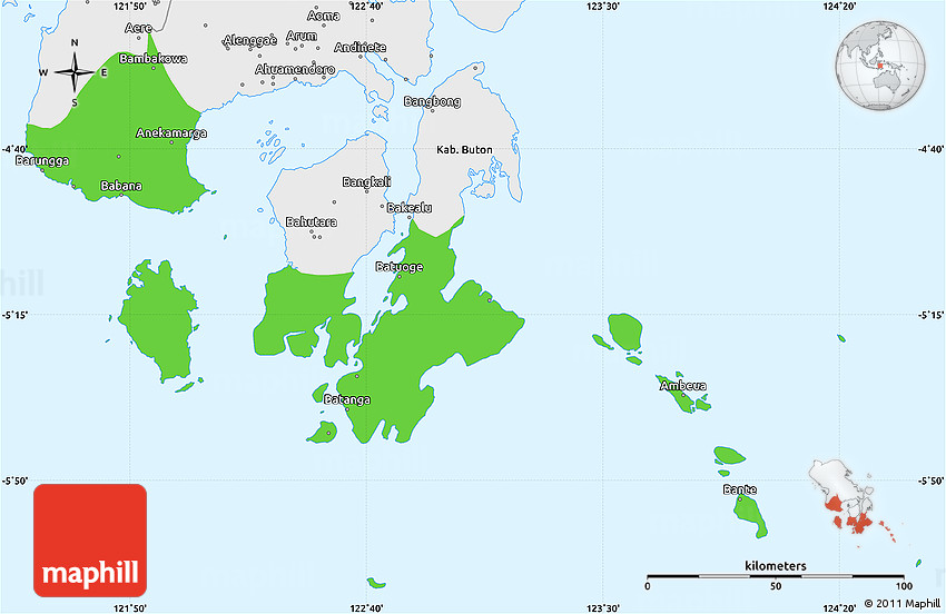Political Simple Map of Kab. Muna, single color outside, borders and labels