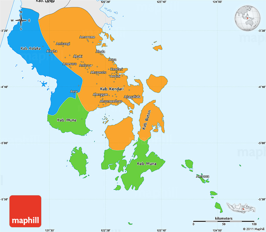 Political Simple Map of South-East Sulawesi, single color outside, borders and labels