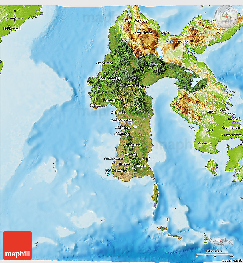 Satellite 3D Map of South Sulawesi, physical outside