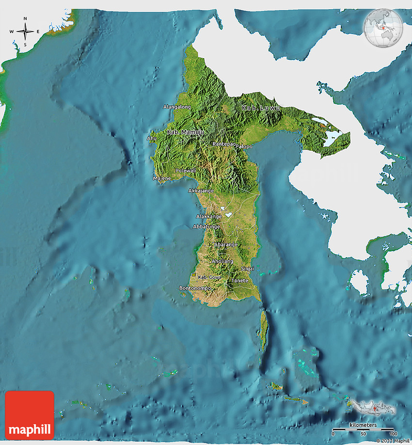 Satellite 3D Map of South Sulawesi, single color outside