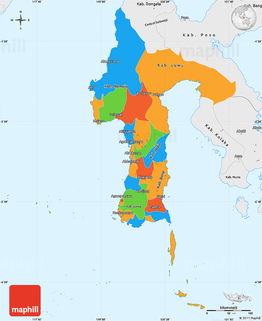 Political Simple Map of South Sulawesi, single color outside, borders and labels