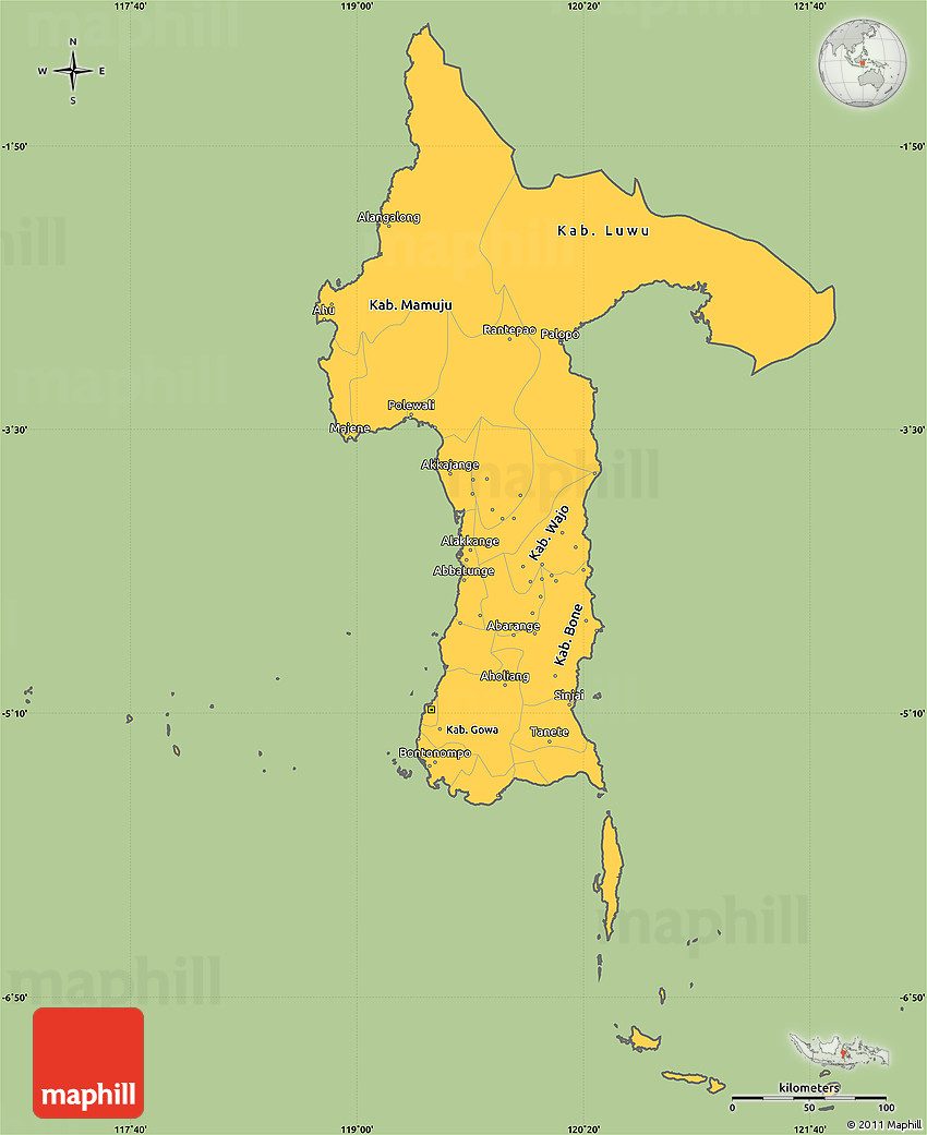 Savanna Style Simple Map of South Sulawesi, cropped outside