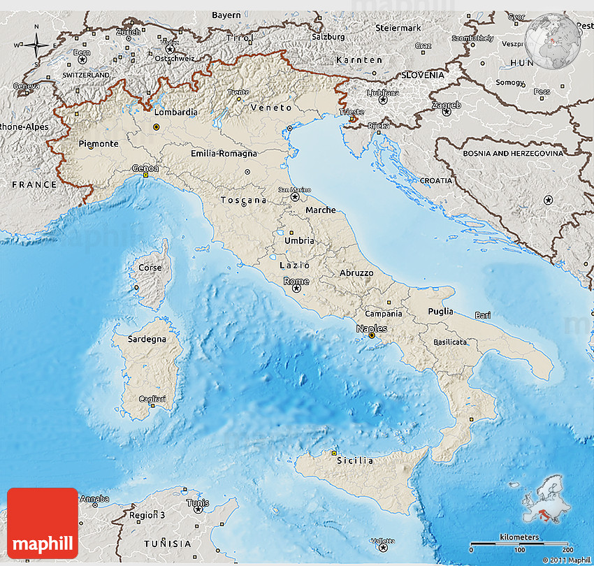 Shaded Relief 3D Map of Italy, semi-desaturated, land only