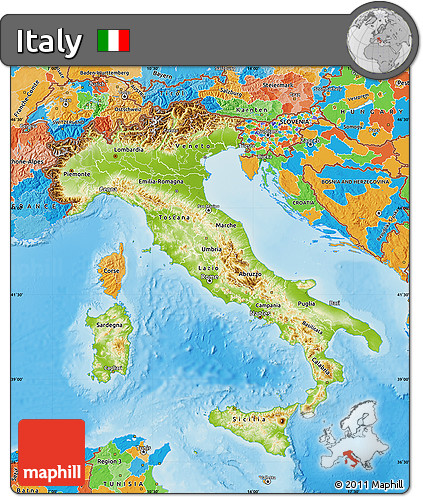 Free Physical Map of Italy, political outside, shaded relief sea