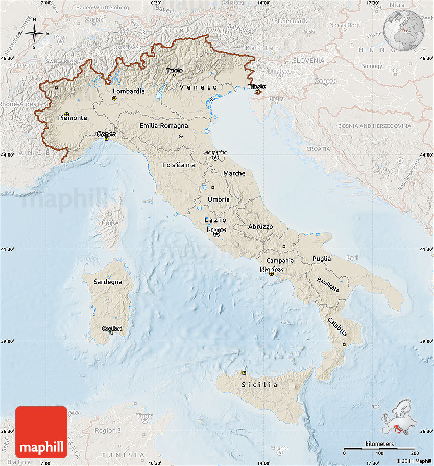 Shaded Relief Map of Italy, lighten