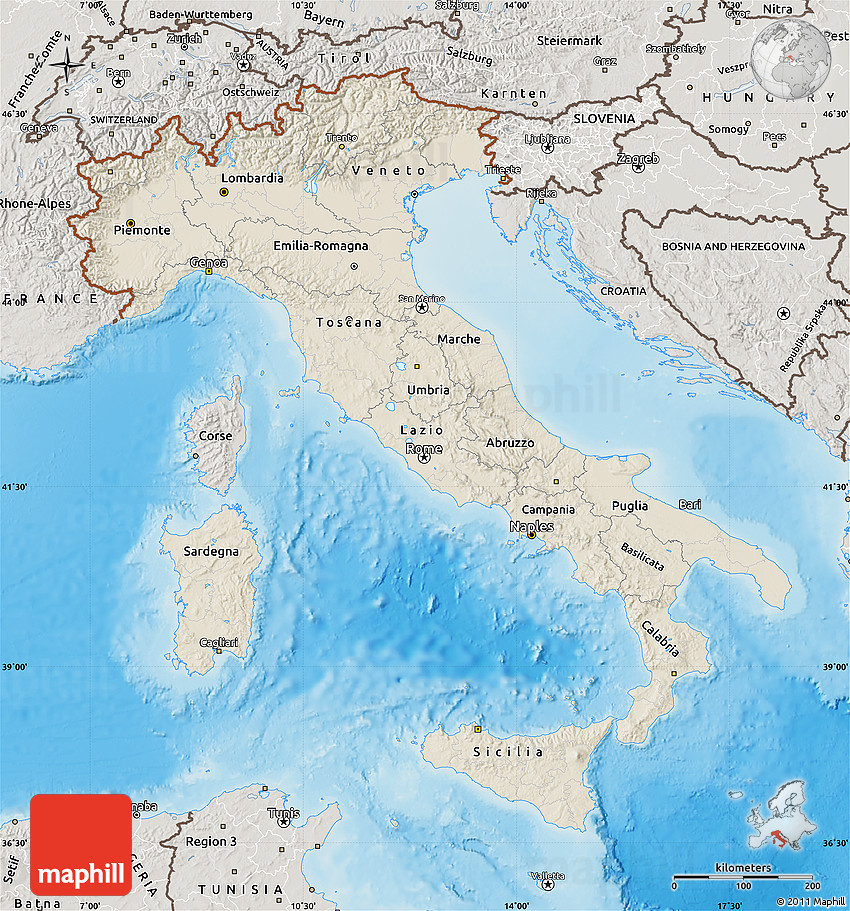 Shaded Relief Map of Italy, semi-desaturated, land only