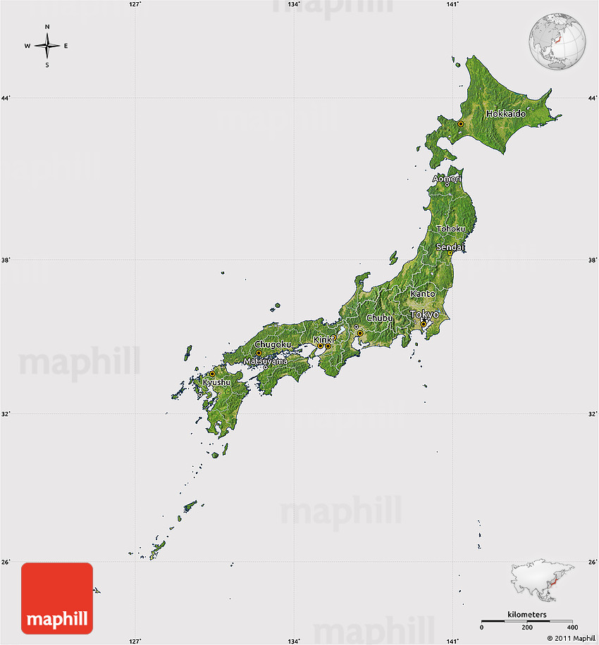 Satellite Map of Japan, cropped outside