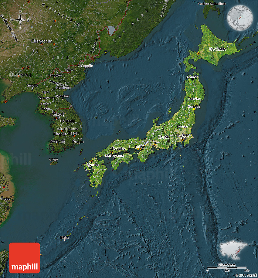 Satellite Map of Japan, darken