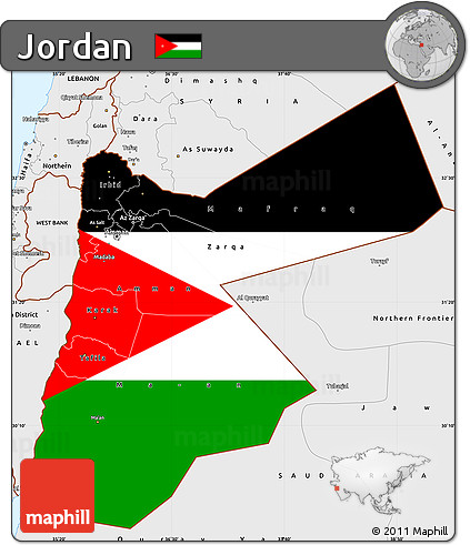 Free Flag Simple Map of Jordan, single color outside, borders and labels, flag centered