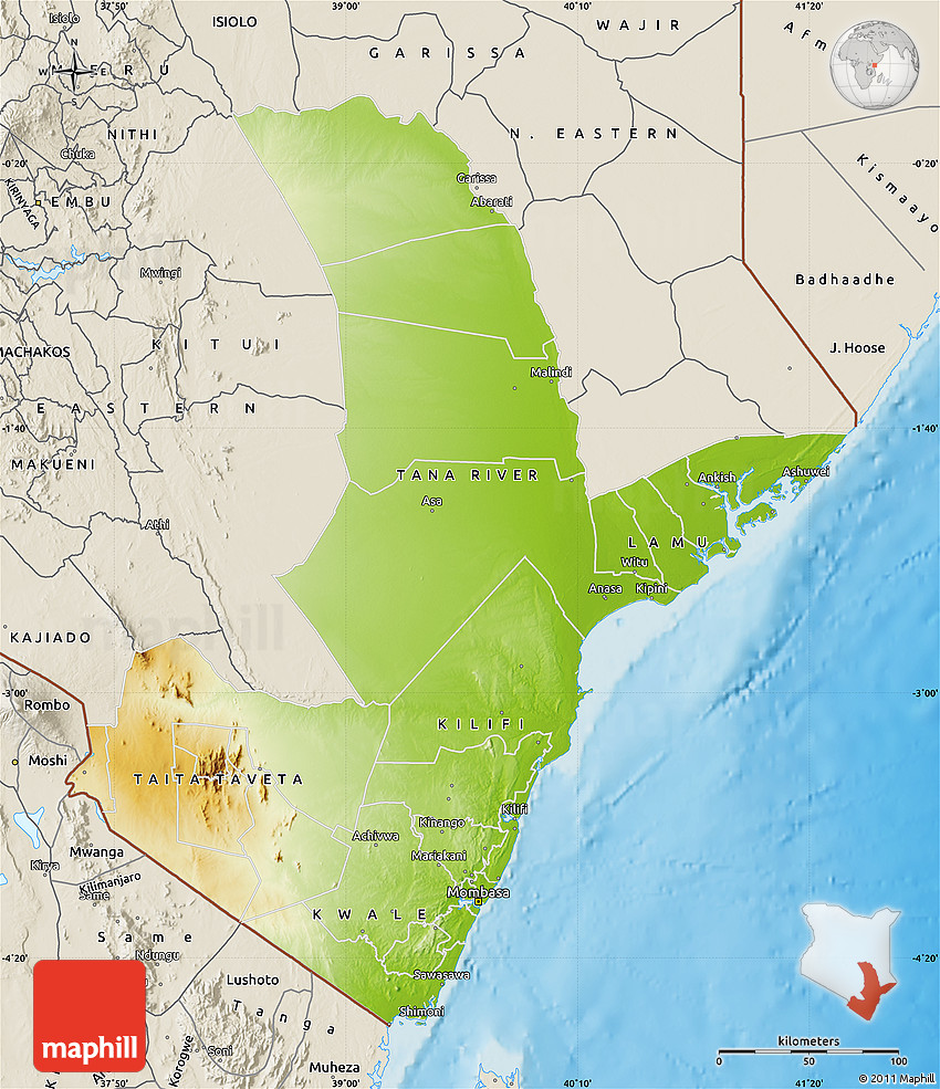 Physical Map of COAST, shaded relief outside Physical Map of COAST, shaded relief outside