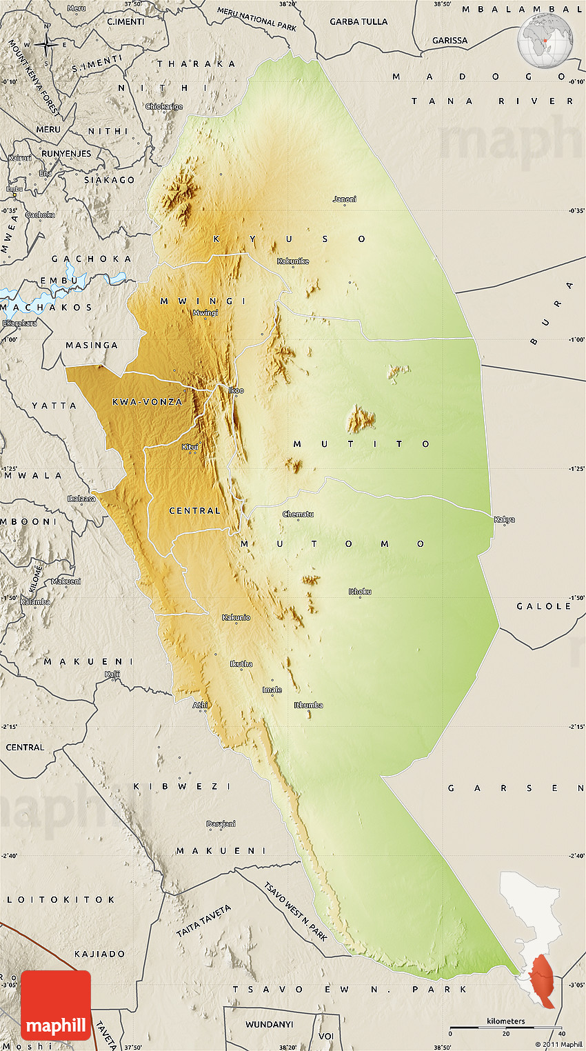 Physical Map of KITUI, shaded relief outside Physical Map of KITUI, shaded relief outside
