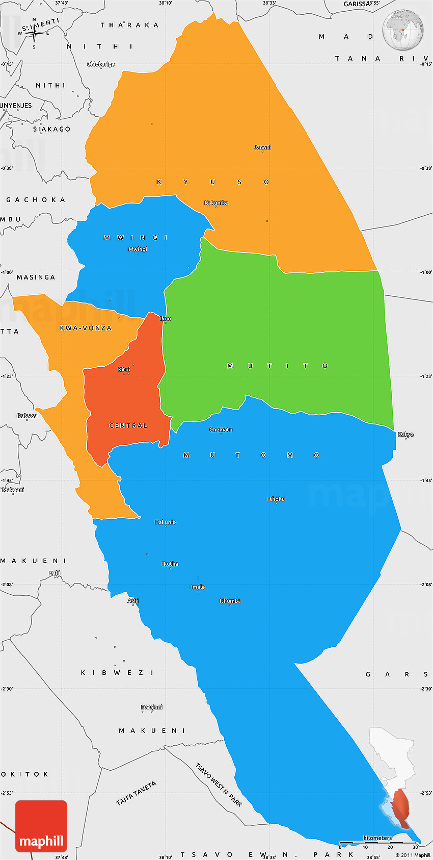 Political Simple Map of KITUI, single color outside, borders and labels