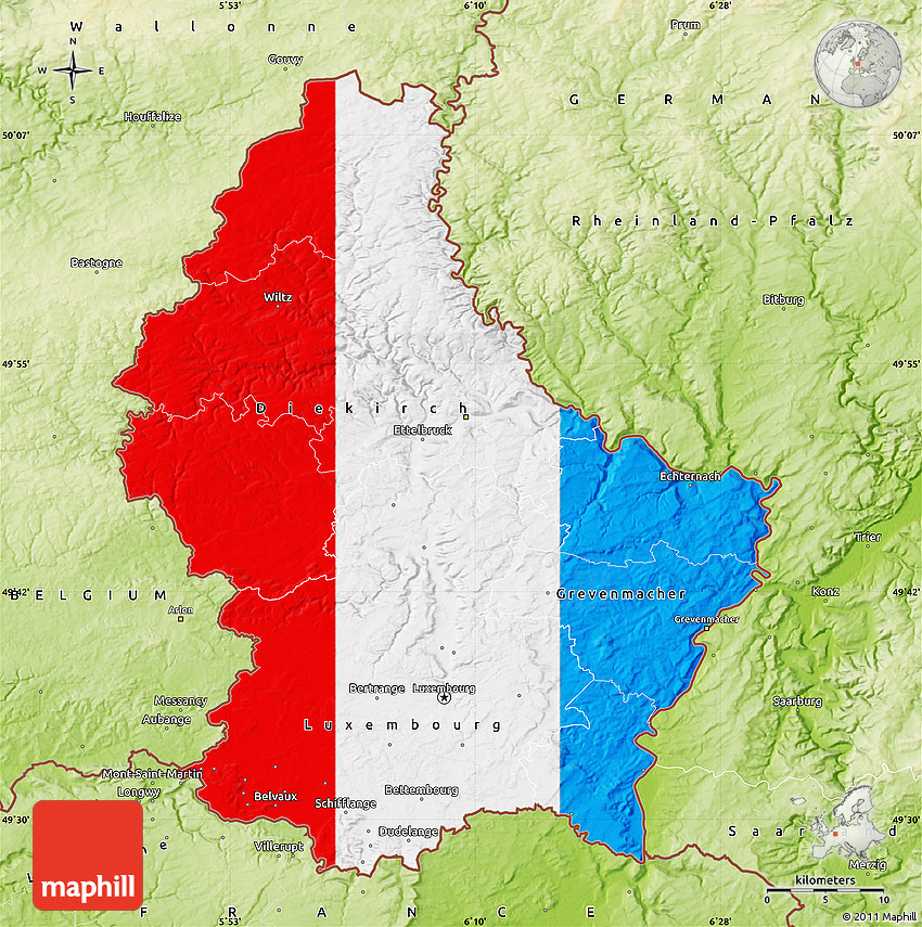Flag Map of Luxembourg, physical outside, flag rotated