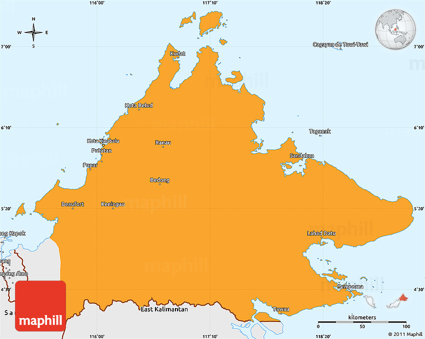 Political Simple Map of Sabah, single color outside, borders and labels