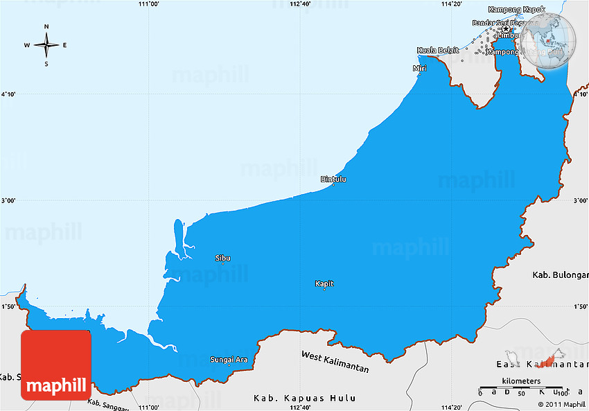 Political Simple Map of Sarawak, single color outside, borders and labels