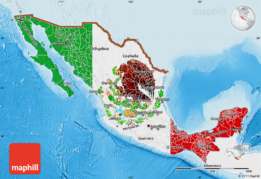 Flag Map of Mexico, single color outside, shaded relief sea