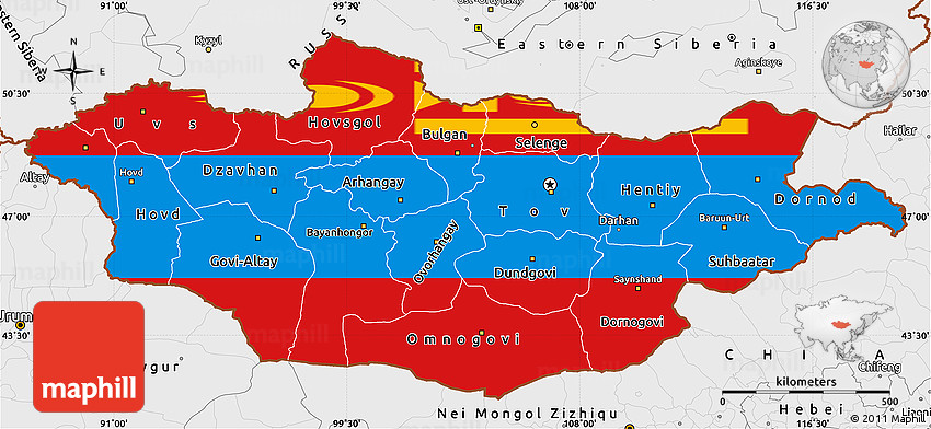 Flag Simple Map of Mongolia, single color outside, borders and labels, flag rotated