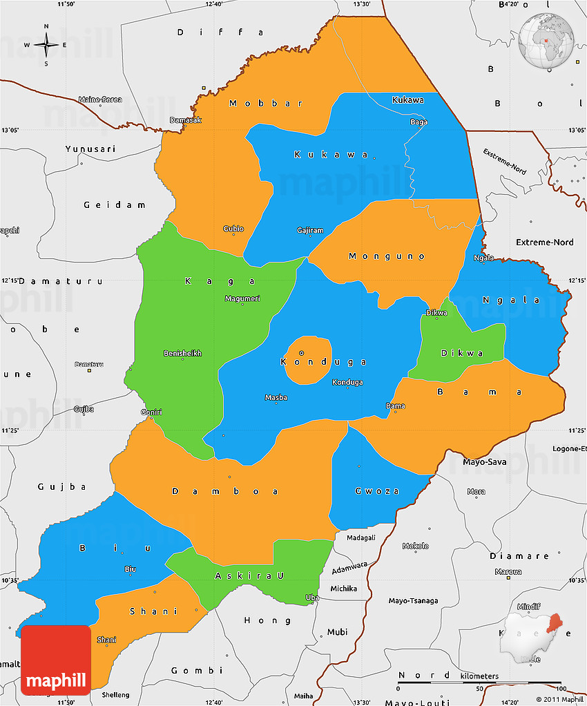Political Simple Map of Borno, single color outside, borders and labels