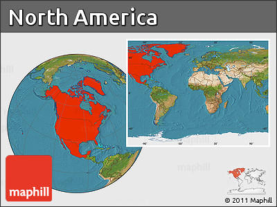 Free Satellite Location Map of North America, within the entire world