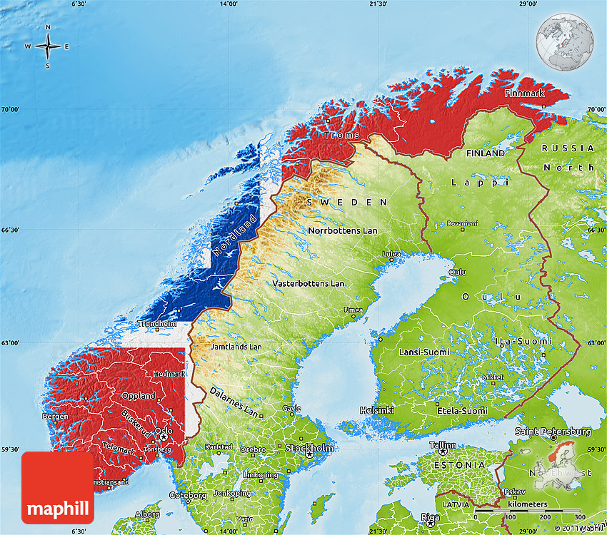 Flag Map of Norway, physical outside