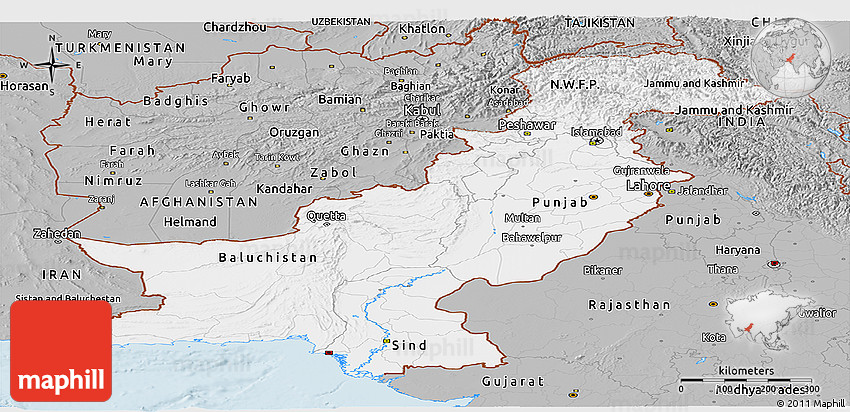 Gray Panoramic Map of Pakistan