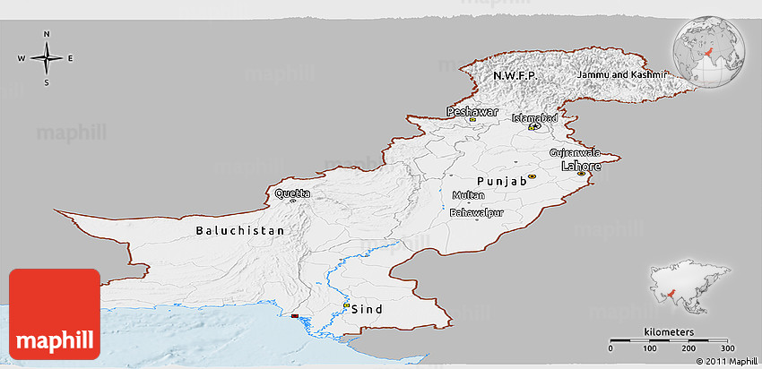 Gray Panoramic Map of Pakistan, single color outside