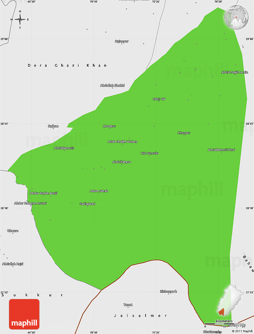 Political Simple Map of Rahim Yar Khan, single color outside, borders and labels