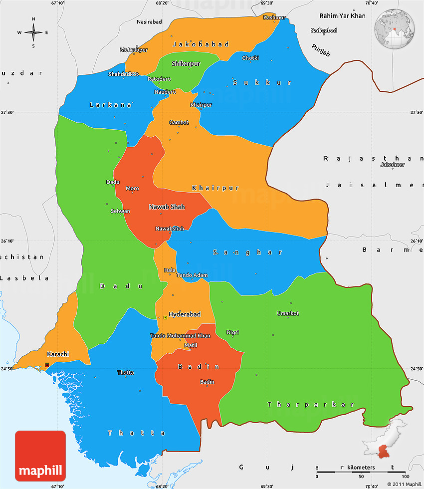 Political Simple Map of Sind, single color outside, borders and labels