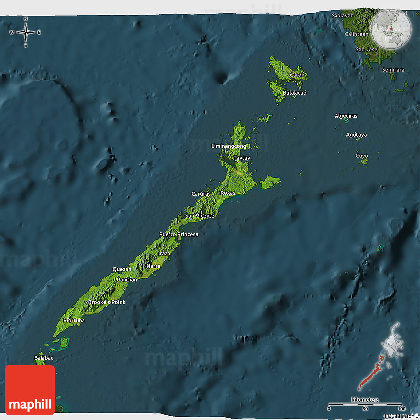 Satellite 3D Map of Palawan, darken