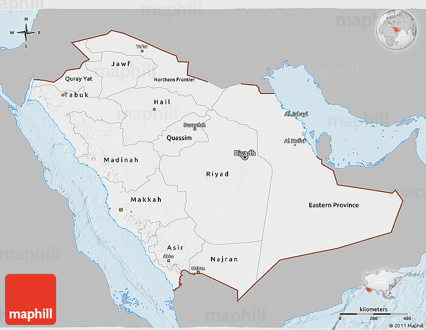 Gray 3D Map of Saudi Arabia, single color outside