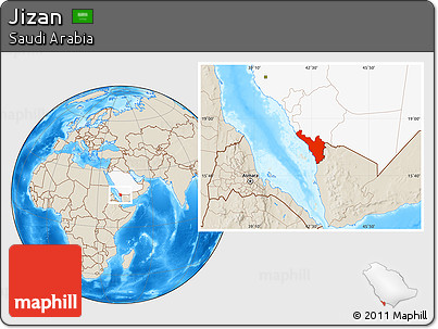 Free Shaded Relief Location Map of Jizan, highlighted country