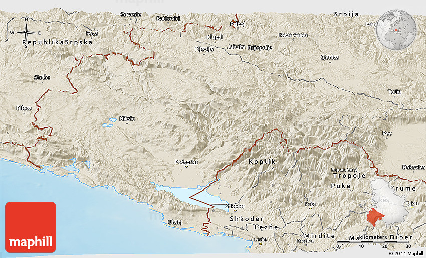 Shaded Relief Panoramic Map of Crna Gora
