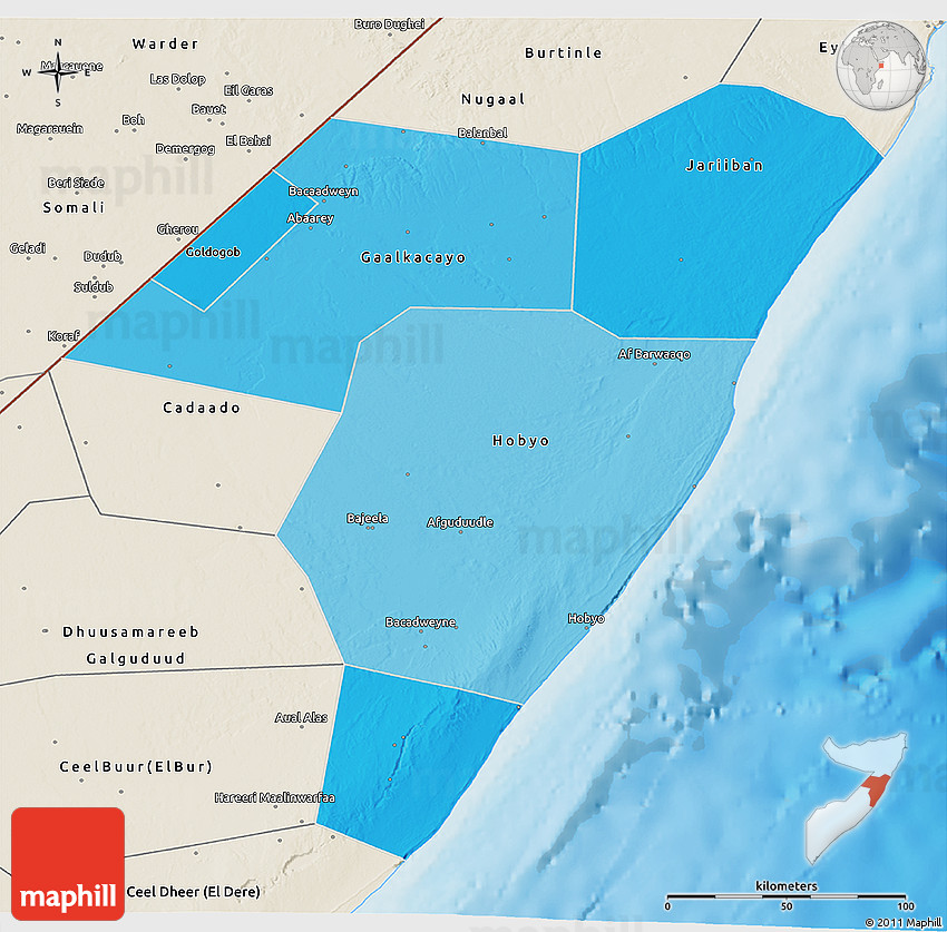 Political Shades 3D Map of Mudug, shaded relief outside