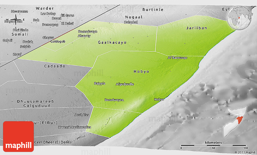 Physical Panoramic Map of Mudug, desaturated