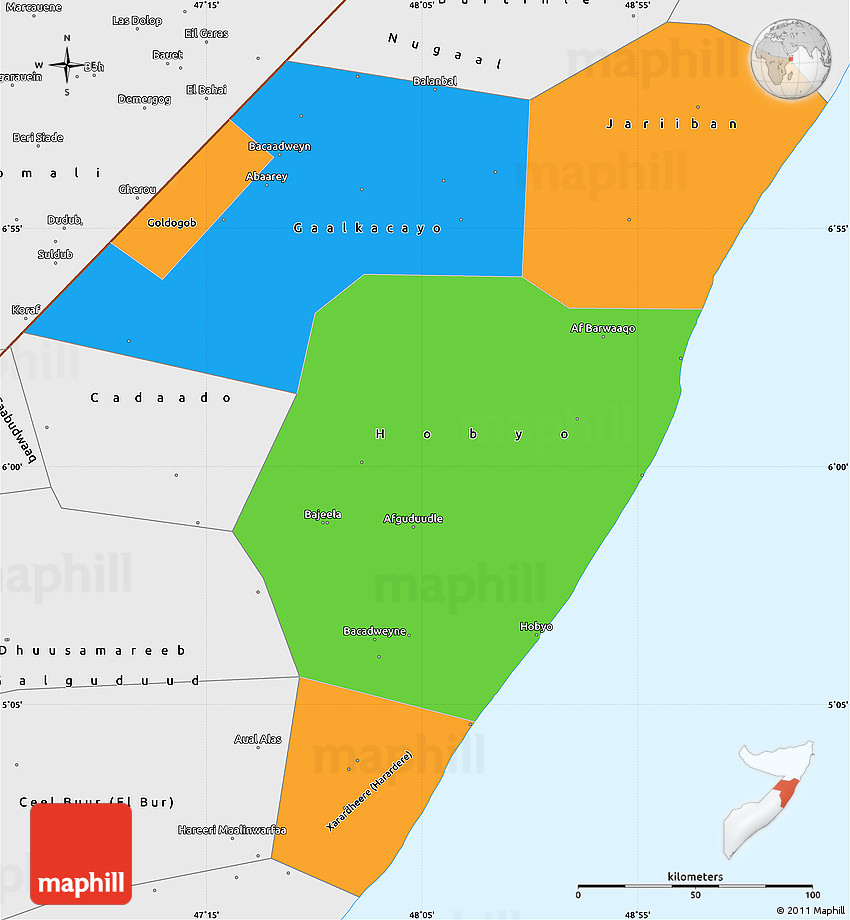 Political Simple Map of Mudug, single color outside, borders and labels