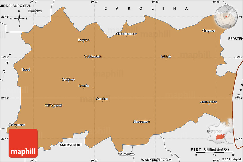 Political Simple Map of ERMELO, single color outside, borders and labels