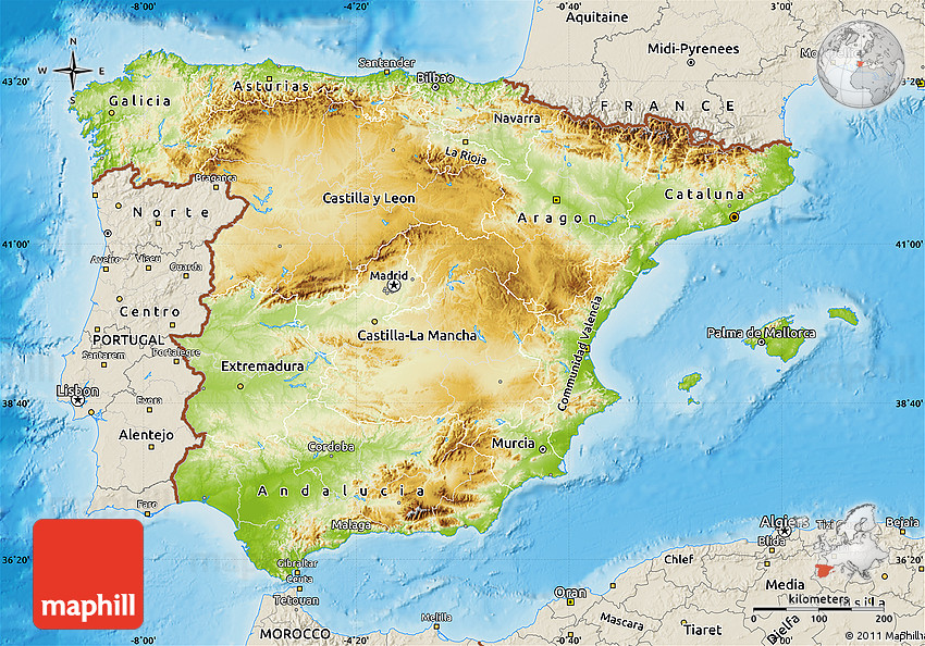 Physical Map of Spain, shaded relief outside Physical Map of Spain, shaded relief outside