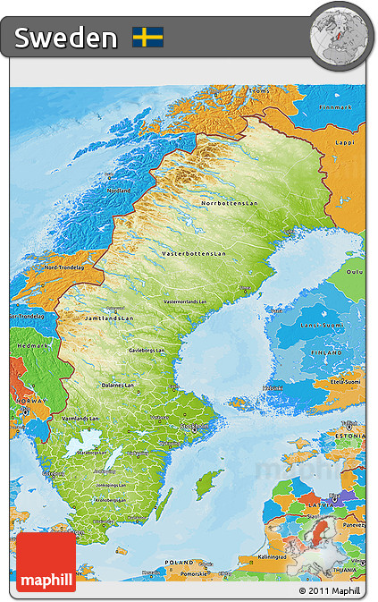 Free Physical 3D Map of Sweden, political outside