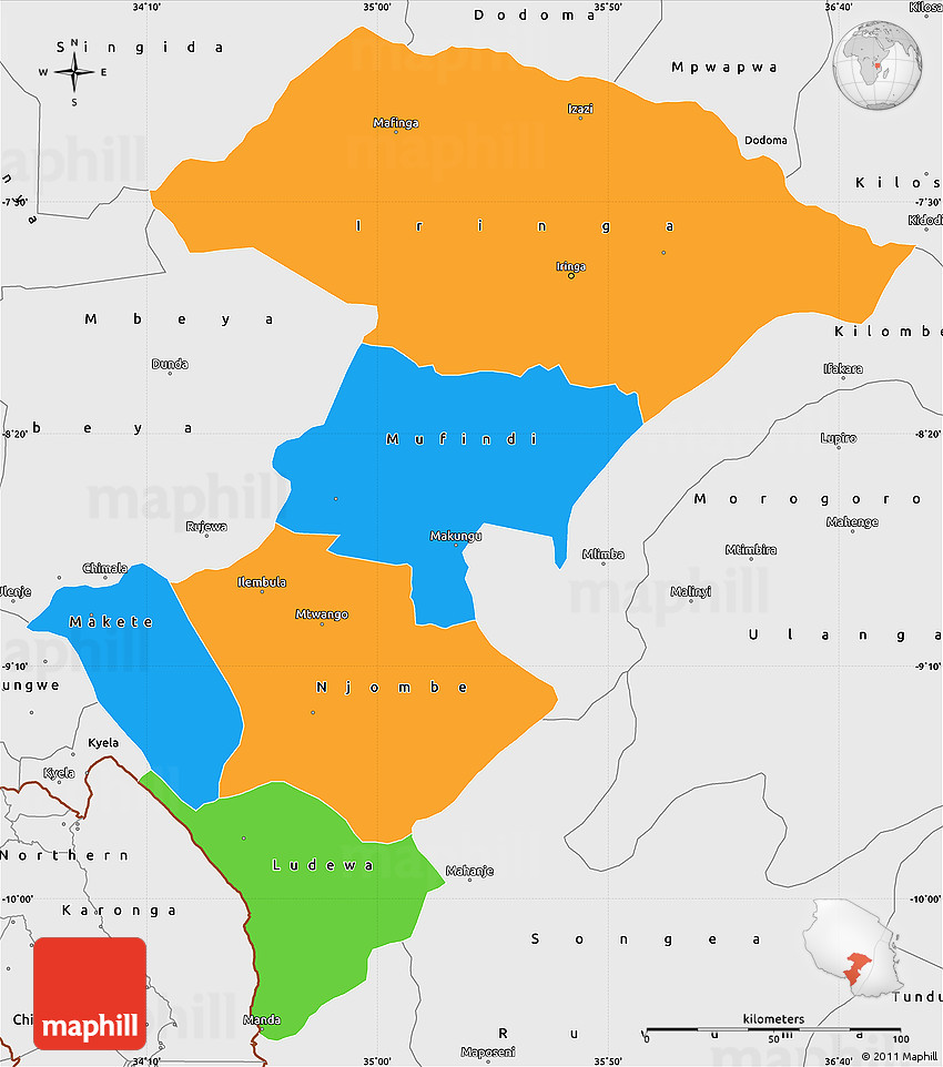 Political Simple Map of Iringa, single color outside, borders and labels
