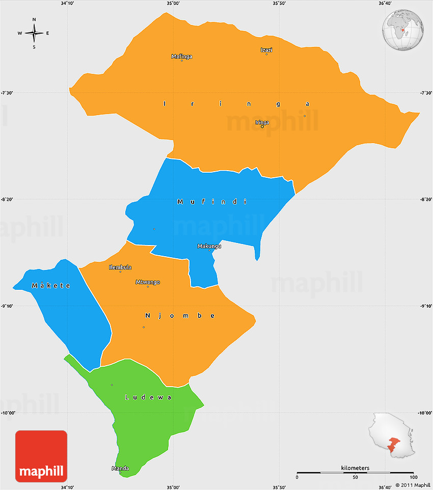 Political Simple Map of Iringa, single color outside