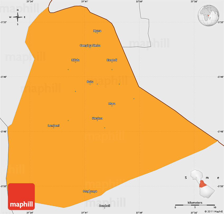 Political Simple Map of Mwanga, single color outside, borders and labels