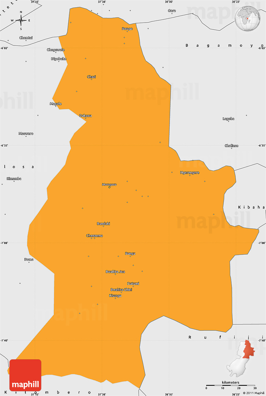 Political Simple Map of Morogoro, single color outside, borders and labels