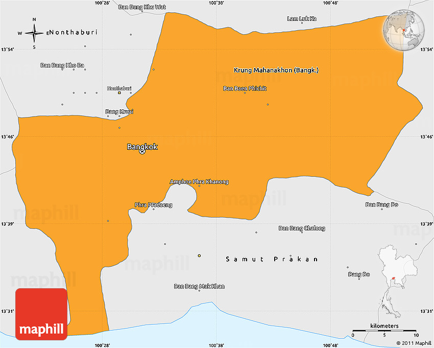 Political Simple Map of Bangkok, single color outside, borders and labels