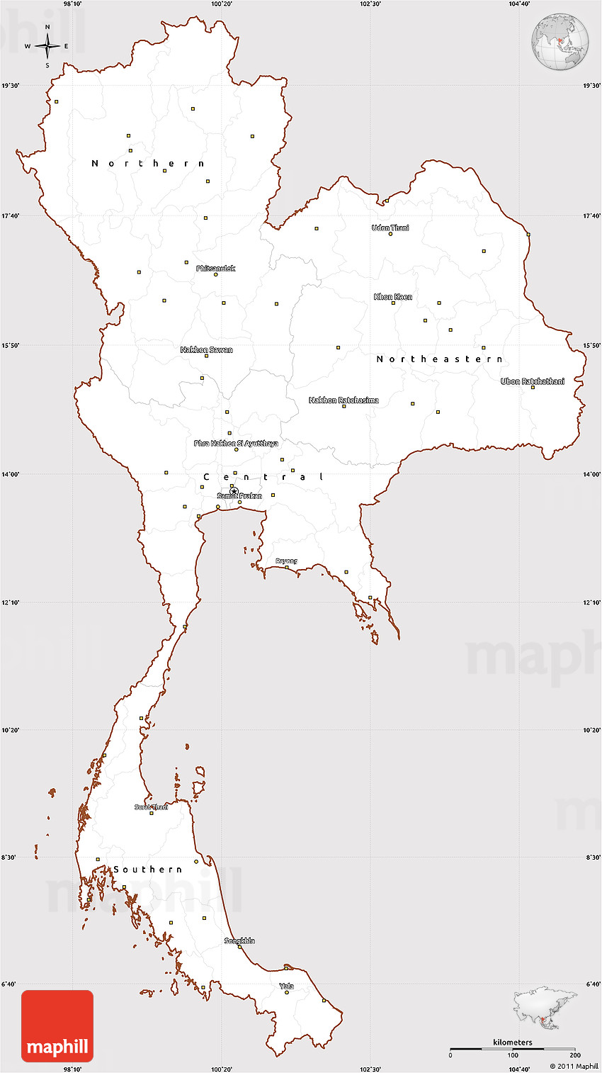 Classic Style Simple Map of Thailand, cropped outside