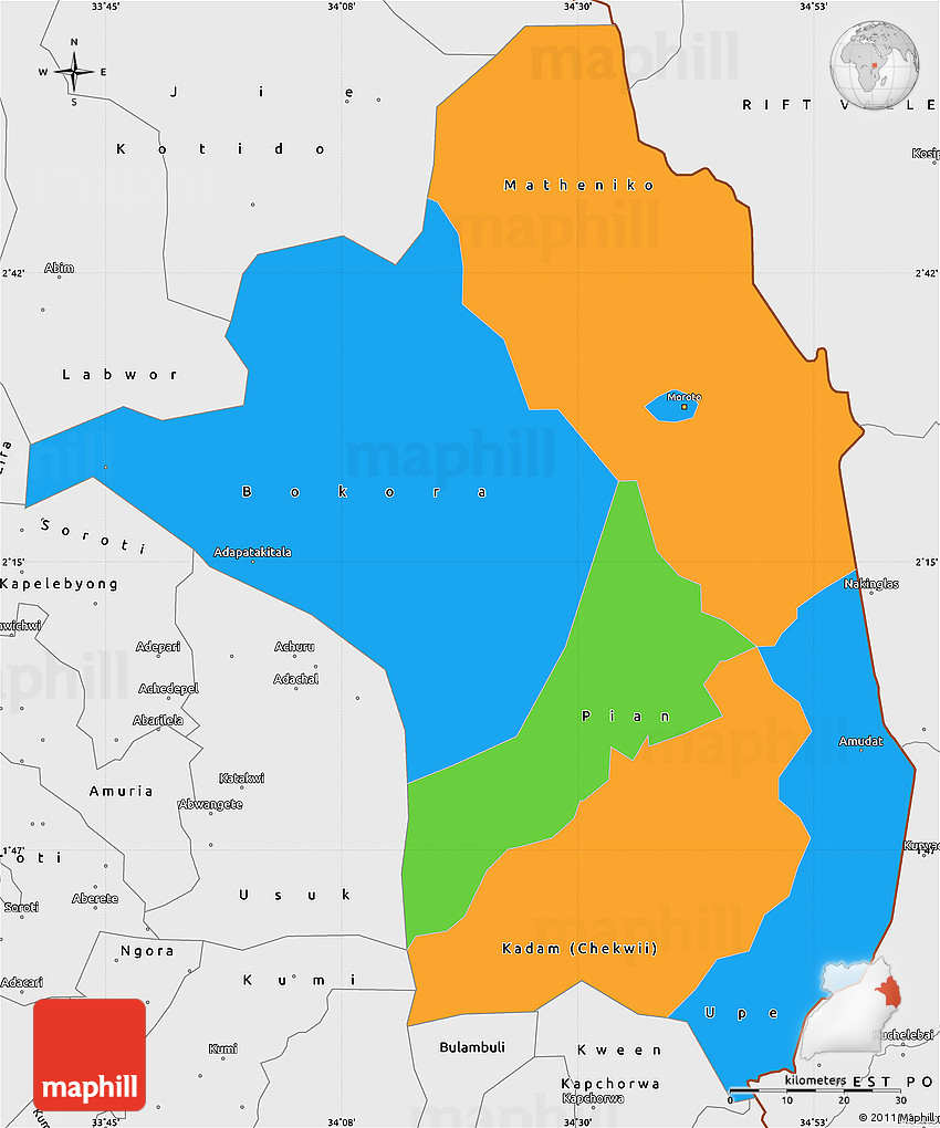 Political Simple Map of Moroto, single color outside, borders and labels