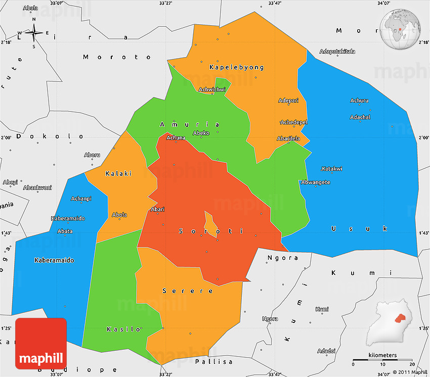 Political Simple Map of Soroti, single color outside, borders and labels