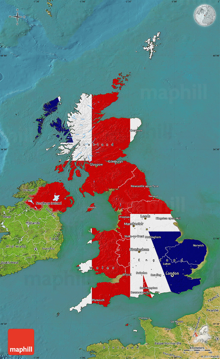 Flag Map of United Kingdom, satellite outside, flag aligned to the middle
