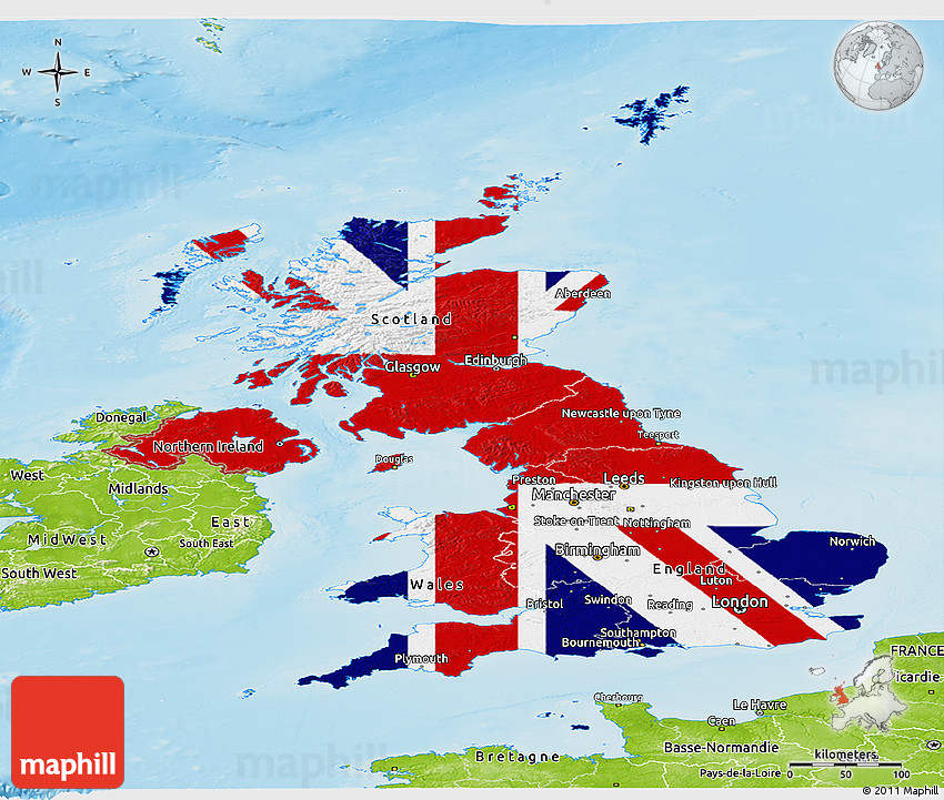 Flag Panoramic Map of United Kingdom, physical outside