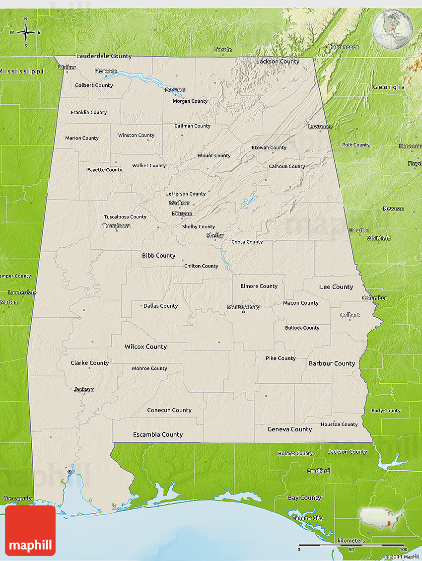 Shaded Relief 3D Map of Alabama, physical outside