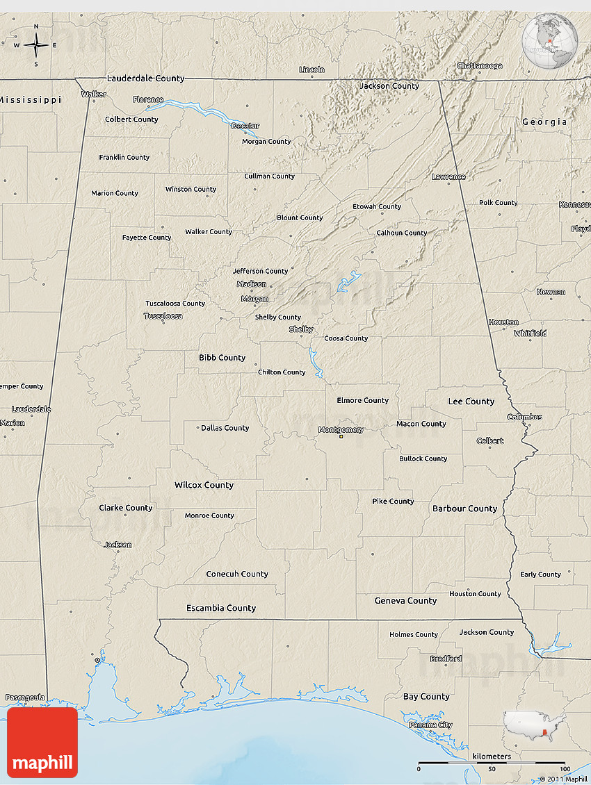 Shaded Relief 3d Map Of Alabama